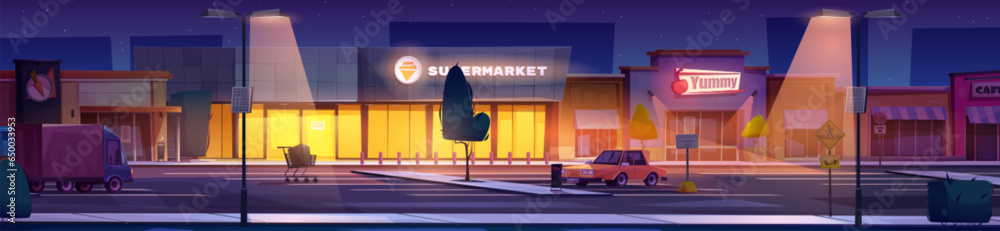 Vetor de Night supermarket and autos on parking lot. Vector cartoon ...
