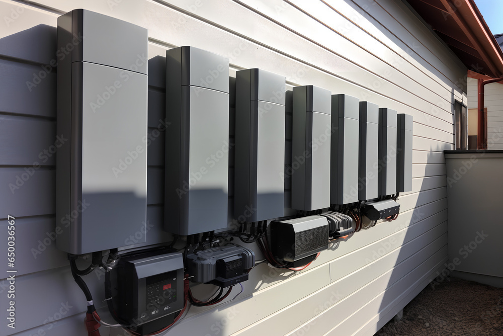 photovoltaic panel and battery instalation leaning on the beige white ...