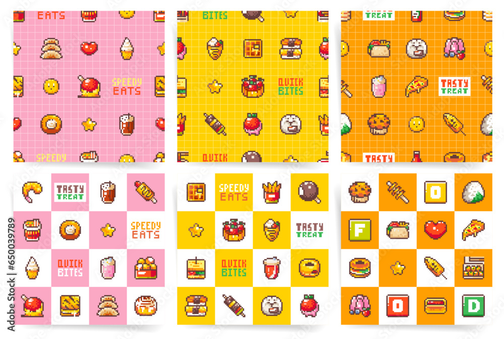 Pixel Food Collection of Seamless Patterns with Street Foods. Burgers ...