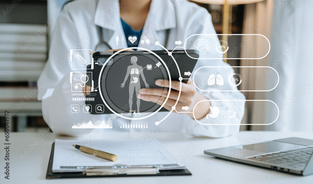 Medicine doctor using digital tablet and smartphone diagnose virtual ...