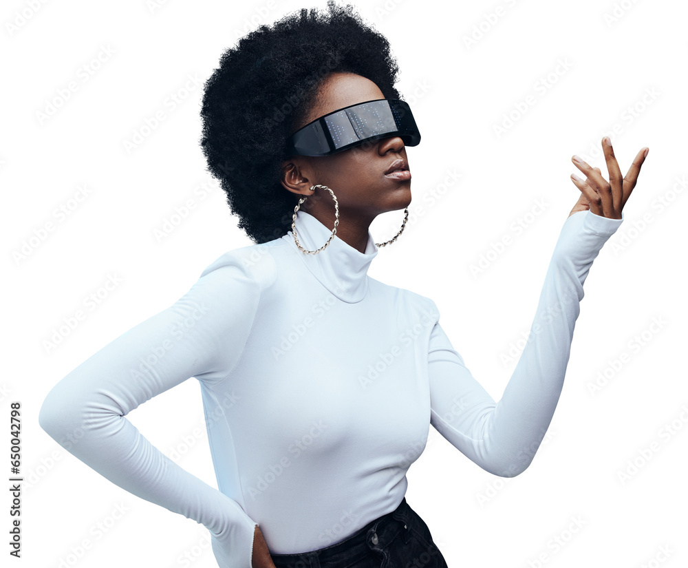 Virtual reality, black woman and fashion with digital world and ...