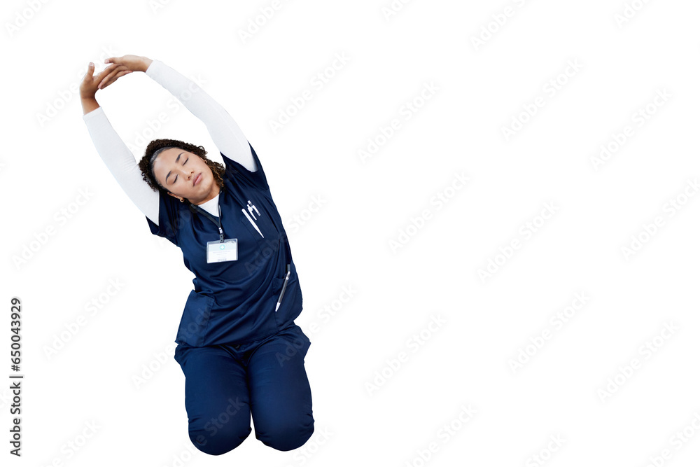 Tired nurse, arms and stretching for exercise or mobility on a png ...