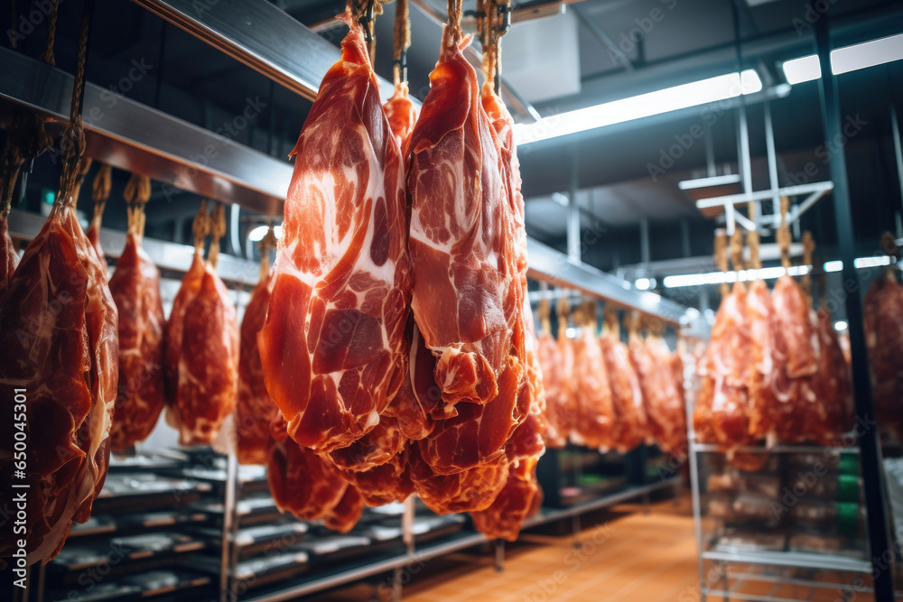 Meat processing plant. Hanging meat in the production hall. The arrival ...