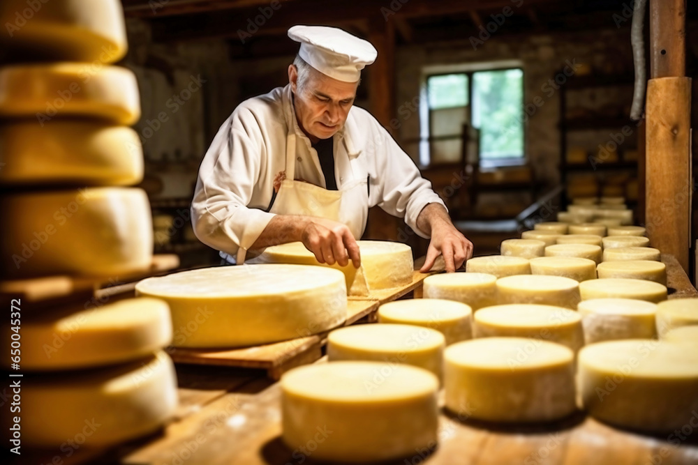 An elderly farmer checks the readiness of his homemade cheese. The ...