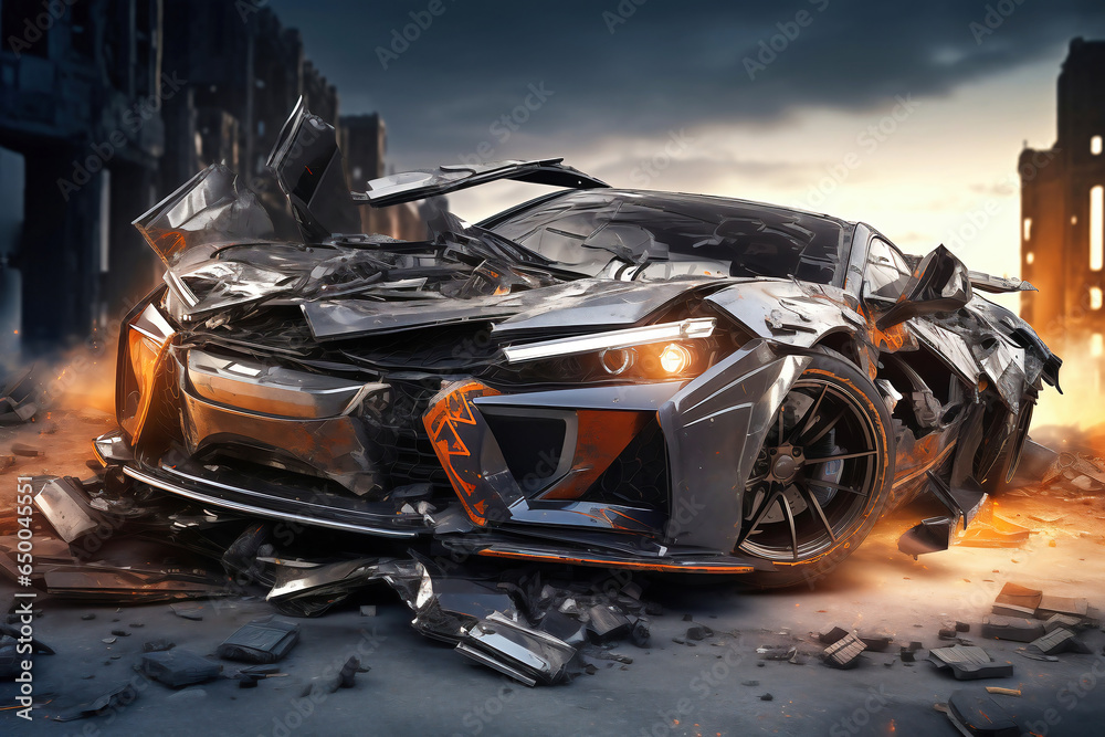 Car destroyed after an accident. Car accident on the street, damaged ...