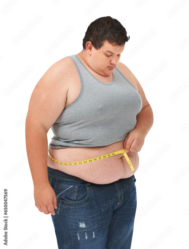 Weight loss, progress and tape measure for plus size man with stomach ...