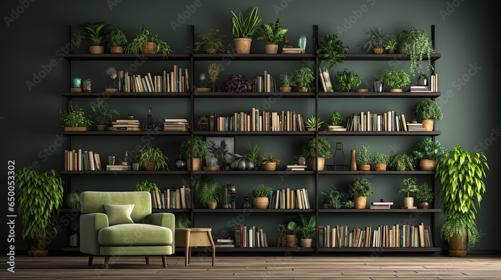 A contemporary-style bookshelf adorned with plants that serves as a ...