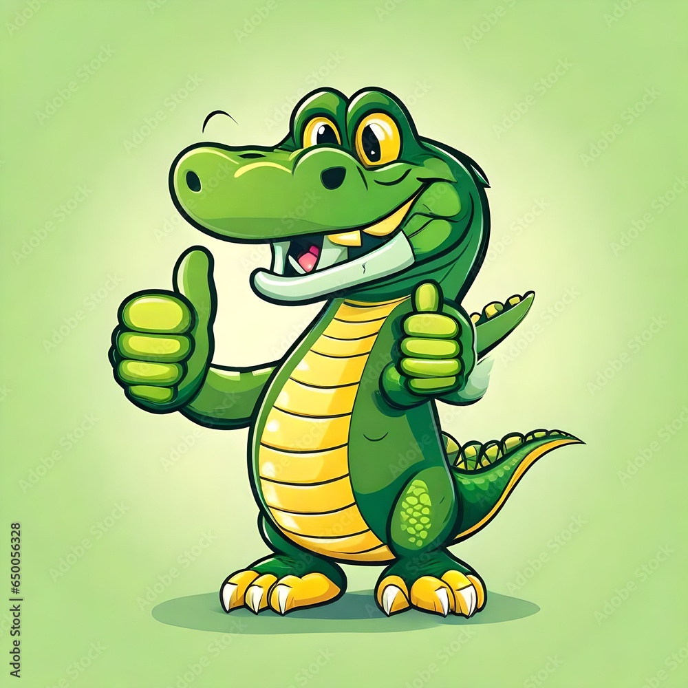 A cute happy cartoon illustration of a green and yellow alligator ...