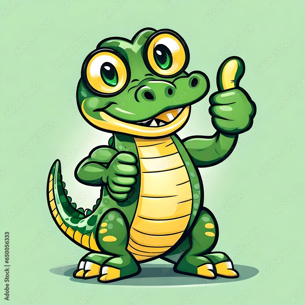 A cute happy cartoon illustration of a green and yellow alligator ...