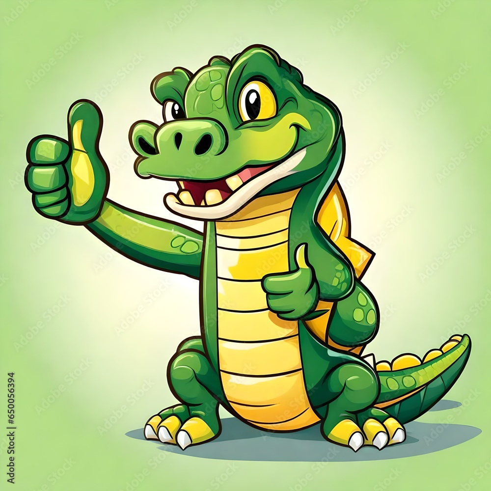 A cute happy cartoon illustration of a green and yellow alligator ...