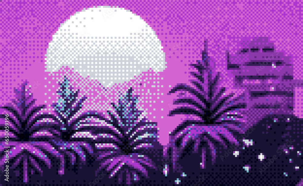 Synthwave retro background with palm trees and sun in pixel art style ...