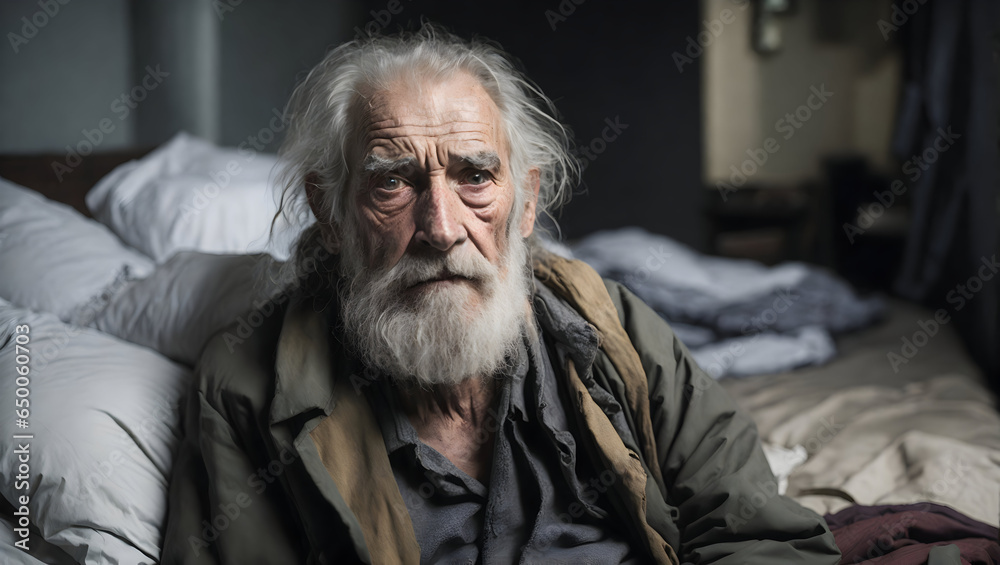elderly homeless man with a gray beard, tortured face and eyes, thin ...