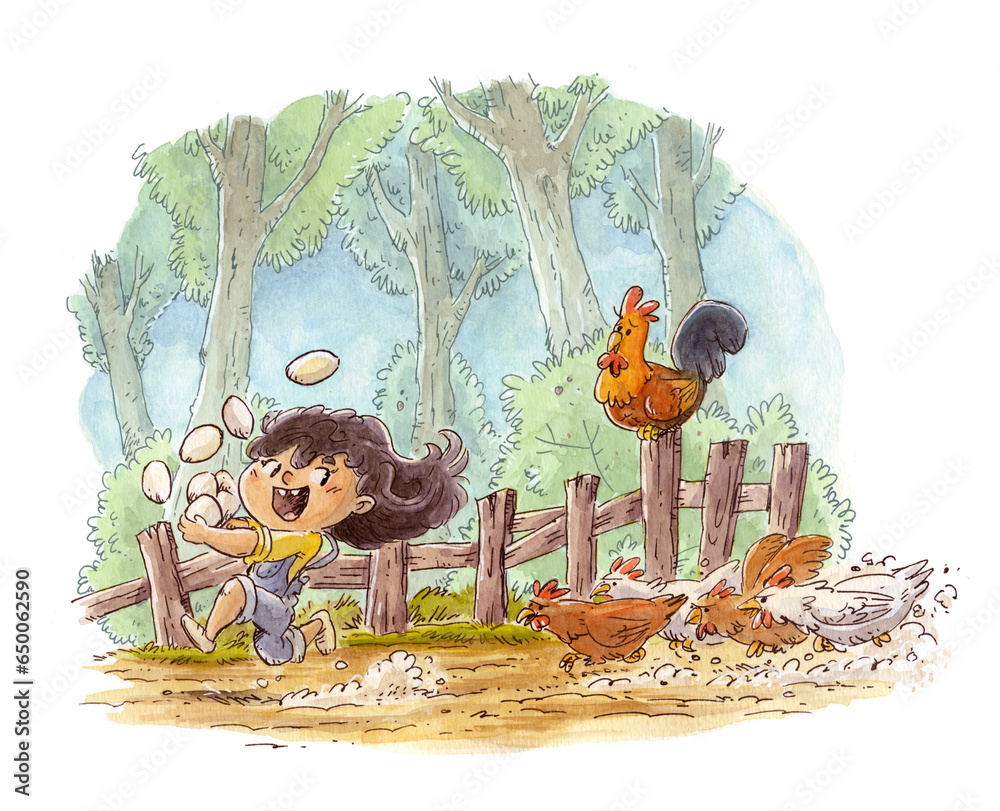 Little girl stealing eggs and being chased by angry chickens Stock ...