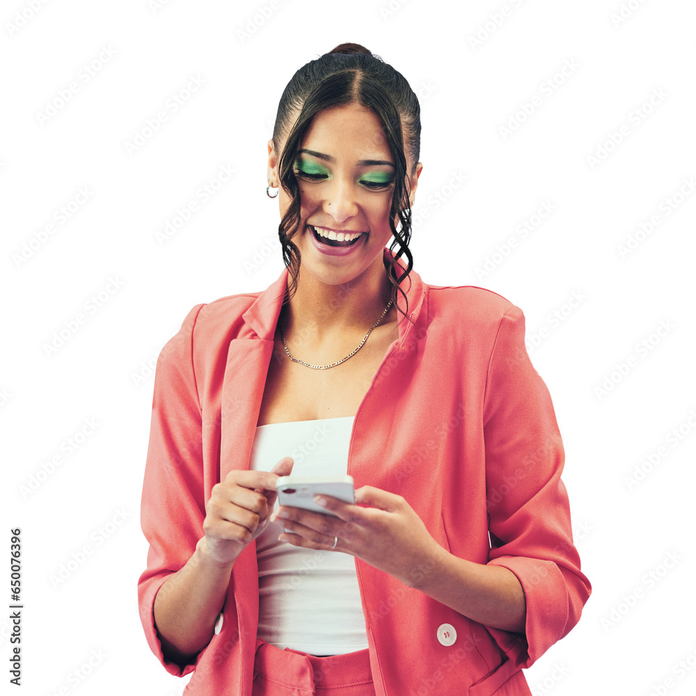 Happy woman, phone and laughing for funny social media isolated on a ...
