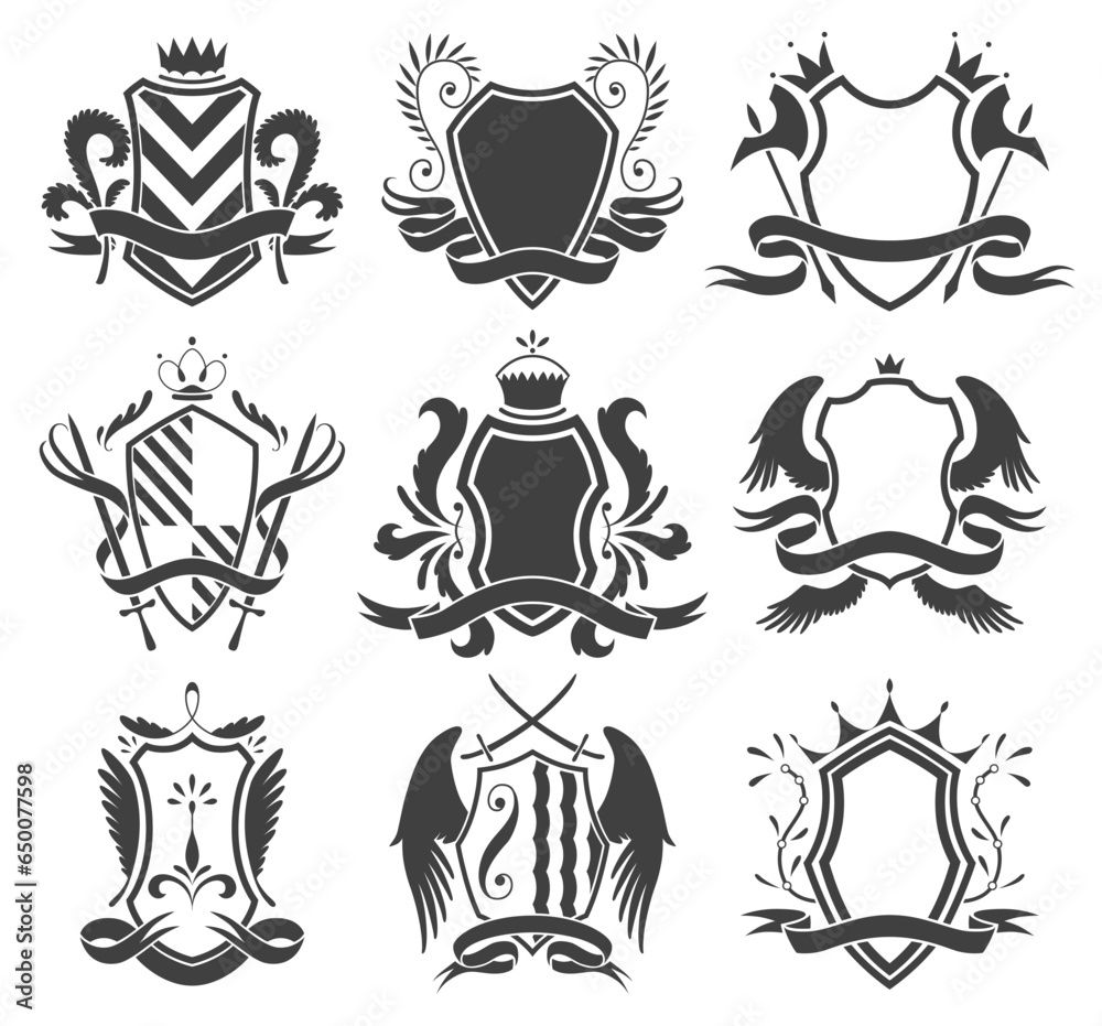 Knight shields heraldic icon set. Vintage monochrome knight award ...