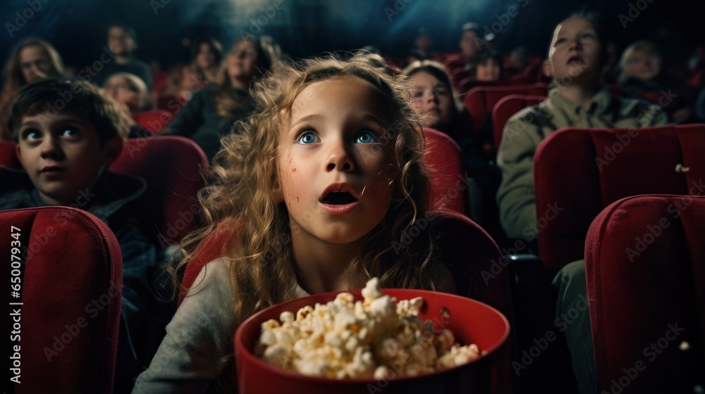 Little girl with astonished and surprised look is watching a movie in a ...
