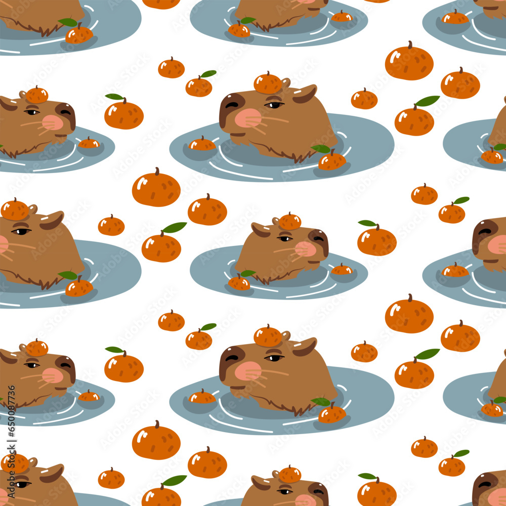 Capybara swims in water with tangerines seamless pattern. The animal is swimming and only the ...