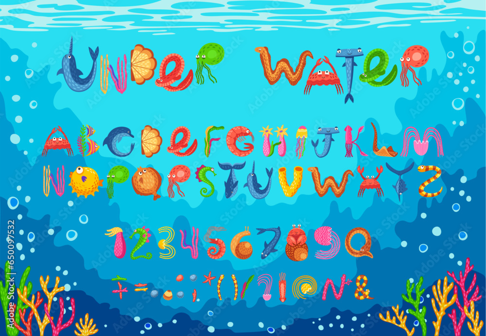 Vecteur Stock Sea animal font, ocean underwater type, aquatic typeface ...