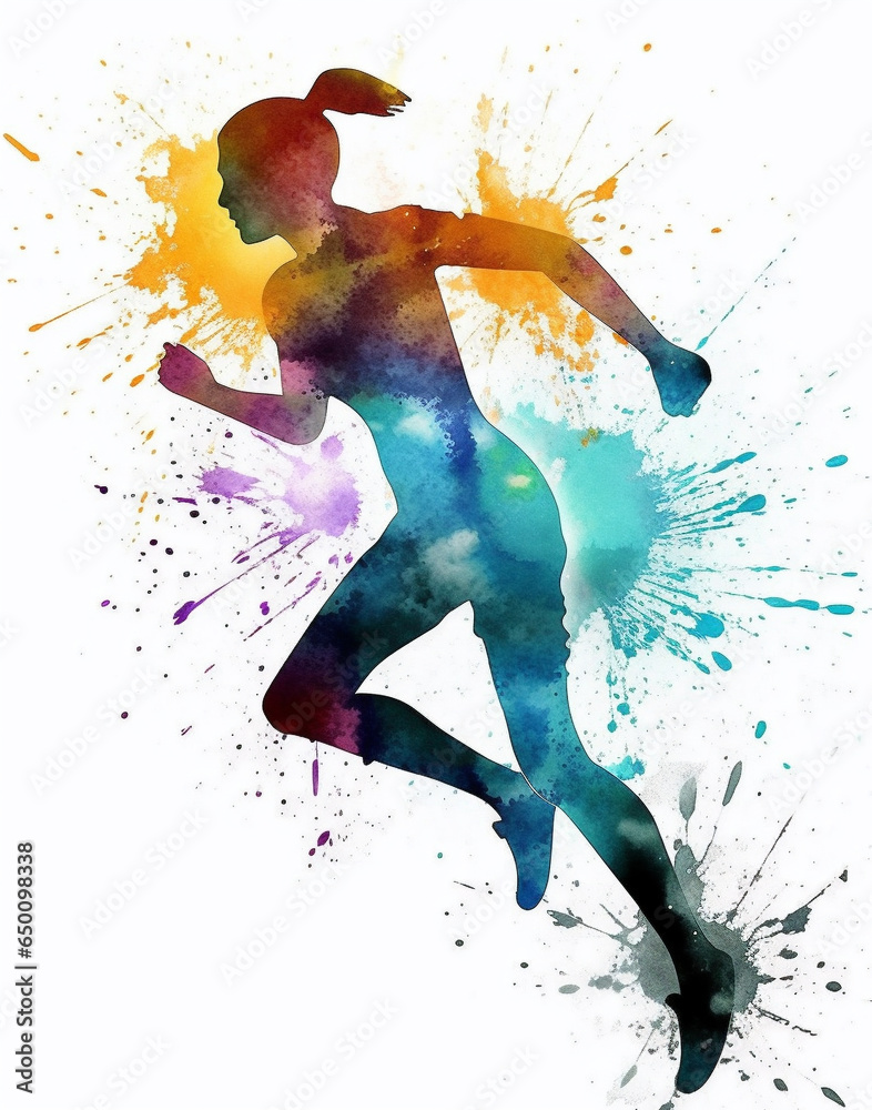 Watercolor style silhouette of woman running with colorful paint splash ...