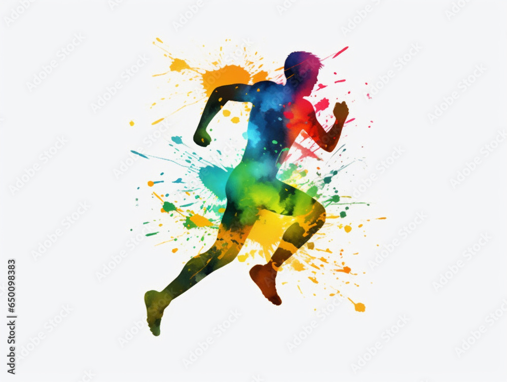 Watercolor style silhouette of man running with colorful paint splash ...