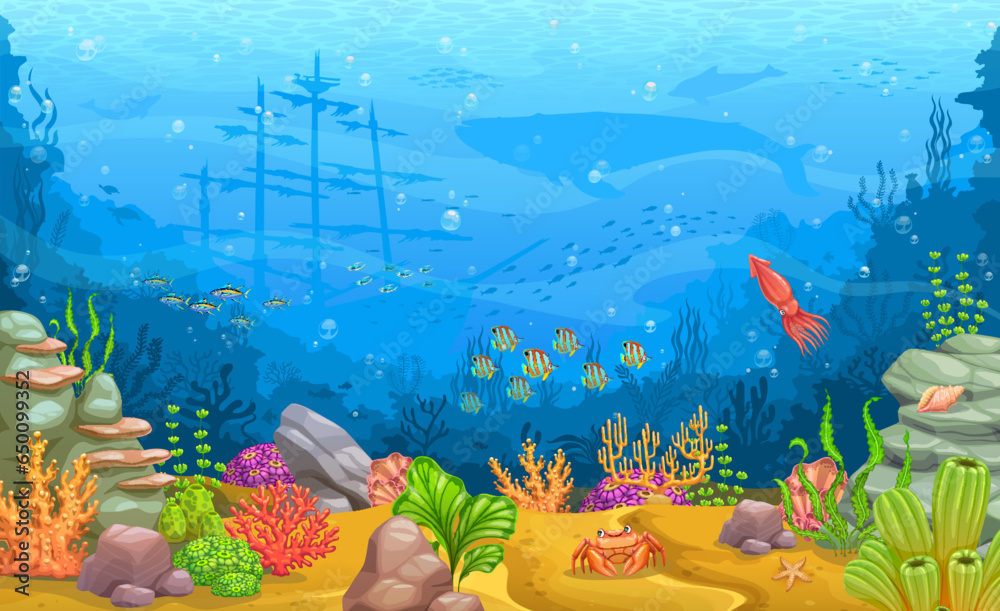 Cartoon sea underwater landscape. Marine water world background, sea ...