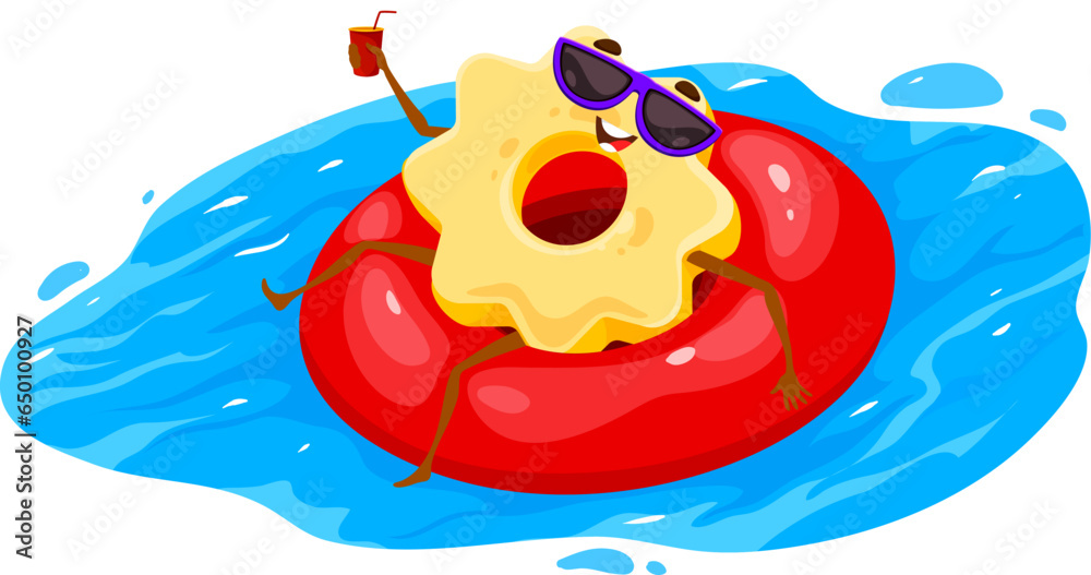 Cartoon stelle pasta character floating on swim ring on summer beach ...
