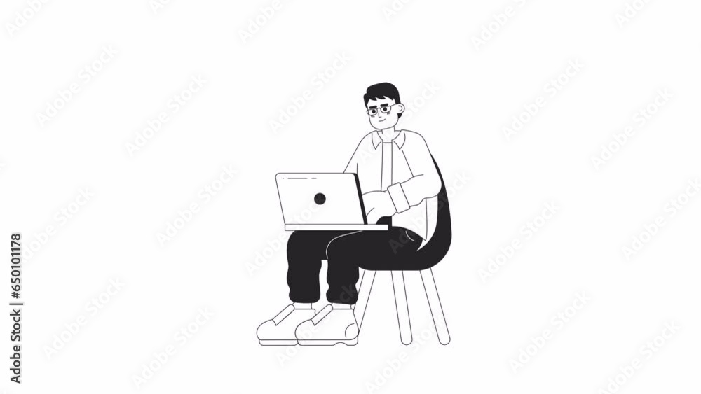 Eyeglasses man sitting in chair with laptop bw 2D character animation ...