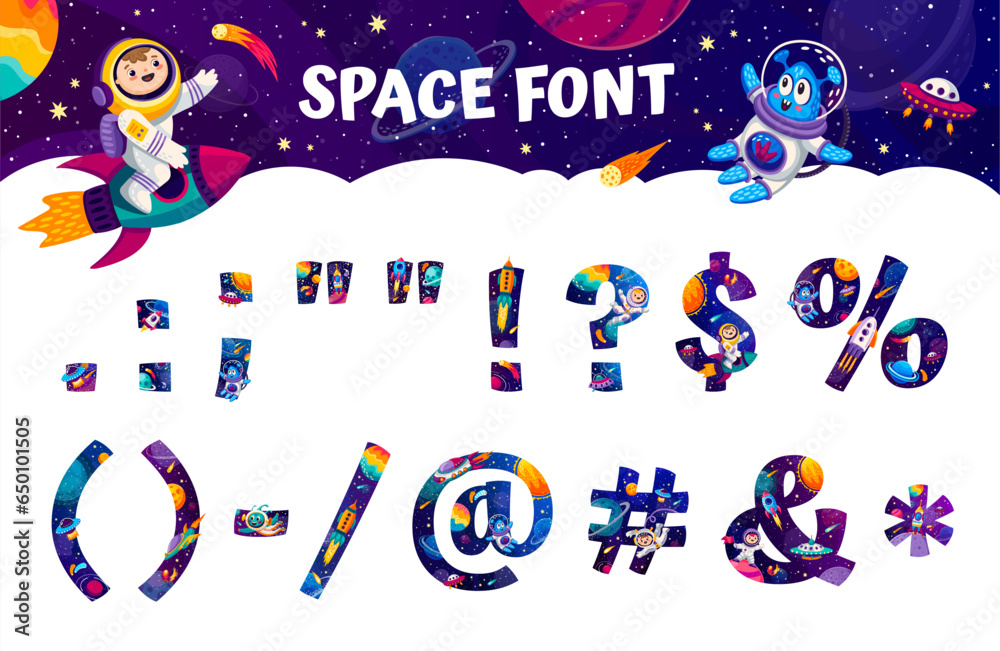 Space font punctuation marks and symbols of cartoon galaxy universe ...