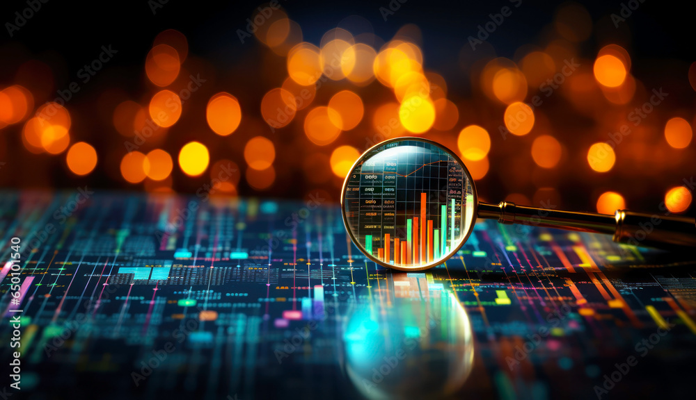 Some chart and magnifying glass focusing on a part of a data. Data ...