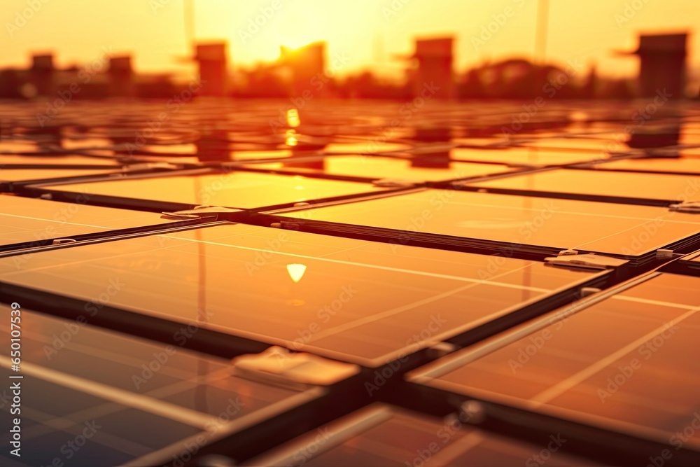sun sets, casting a warm, golden glow on rows of solar panels ...