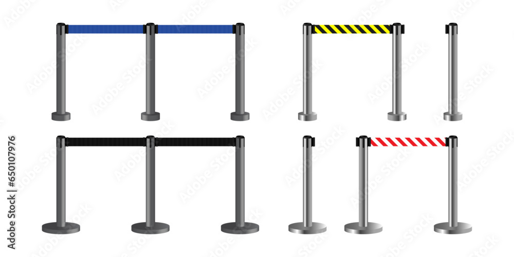 Portable Retractable Belt Barriers. Realistic black, blue, yellow and ...