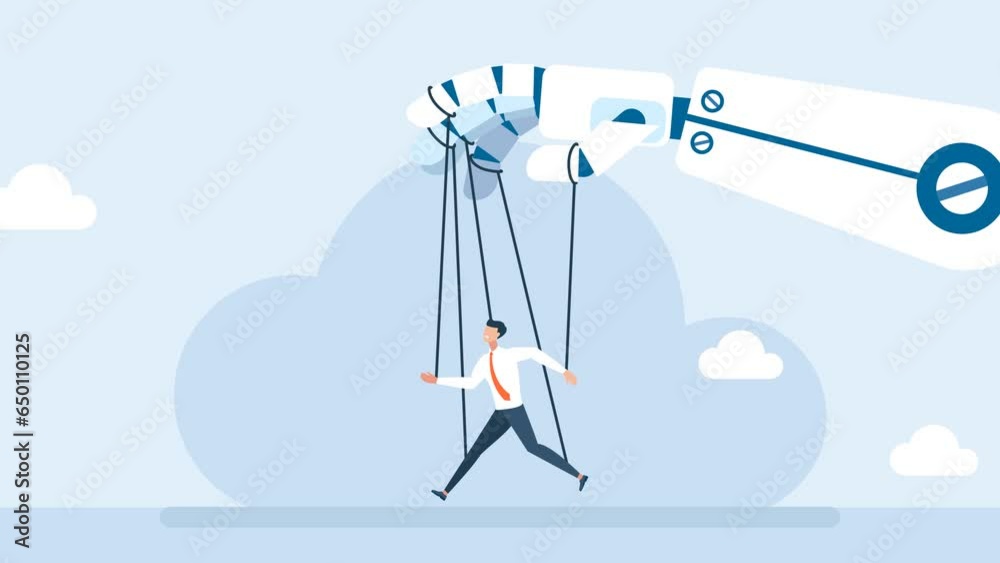 Robotic cyborg hand manipulating human puppet. Artificial intelligence ...