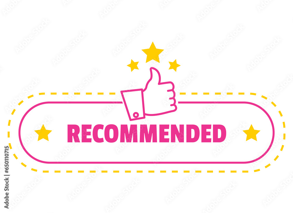 Recommend badge. Colorful tag design with thumb up, isolated on white ...