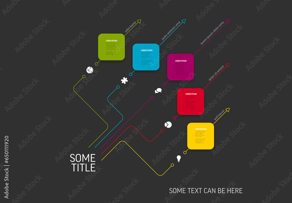 Dark infographic diagonal template with five rounded color diagonal square block card steps ...