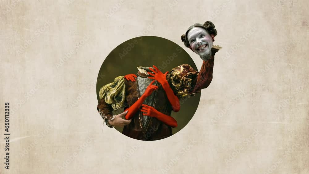 Stop motion, animation. Creepy portrait of headless royal person in ...