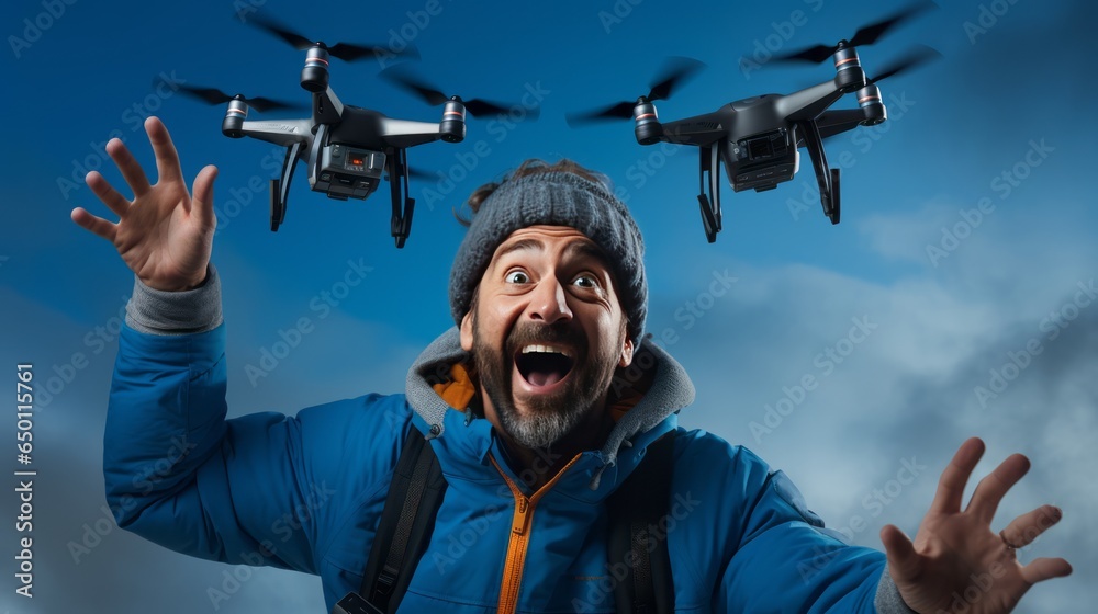 Mastering the Skies: Skilled Drone Operator on Sky Blue Background ...