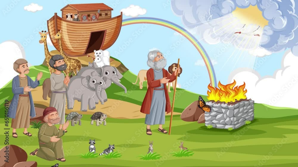 Animation scene of God speaking to Noah after the flood in the biblical ...
