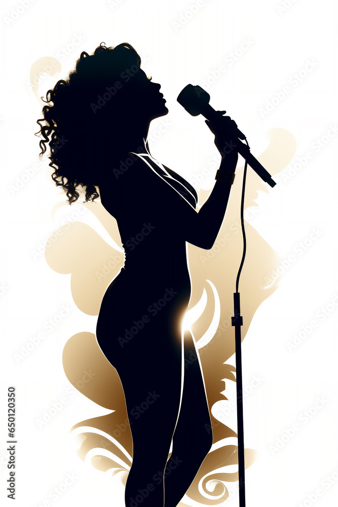 Silhouette of a female diva vocalist singing with a microphone which is ...