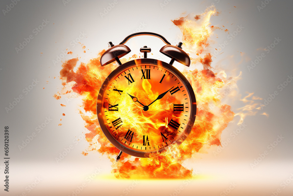 Deadline concept of an alarm clock on fire showing the urgency to wake ...