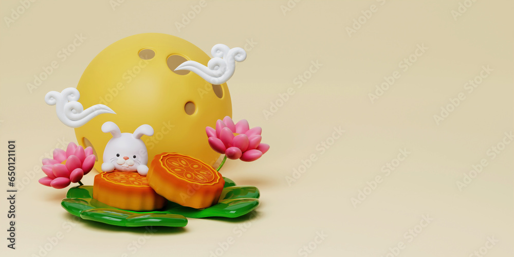 3d cute rabbits on baked mooncake with lotus and full moon on yellow ...