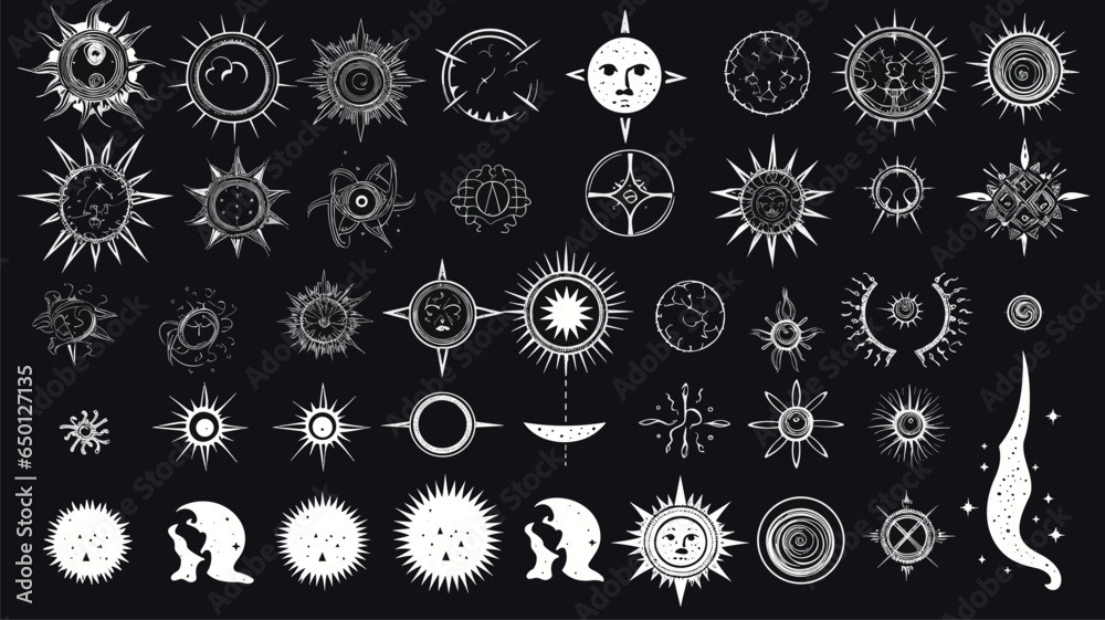 Set of celestial mystic esoteric magic elements sun moon and clouds ...