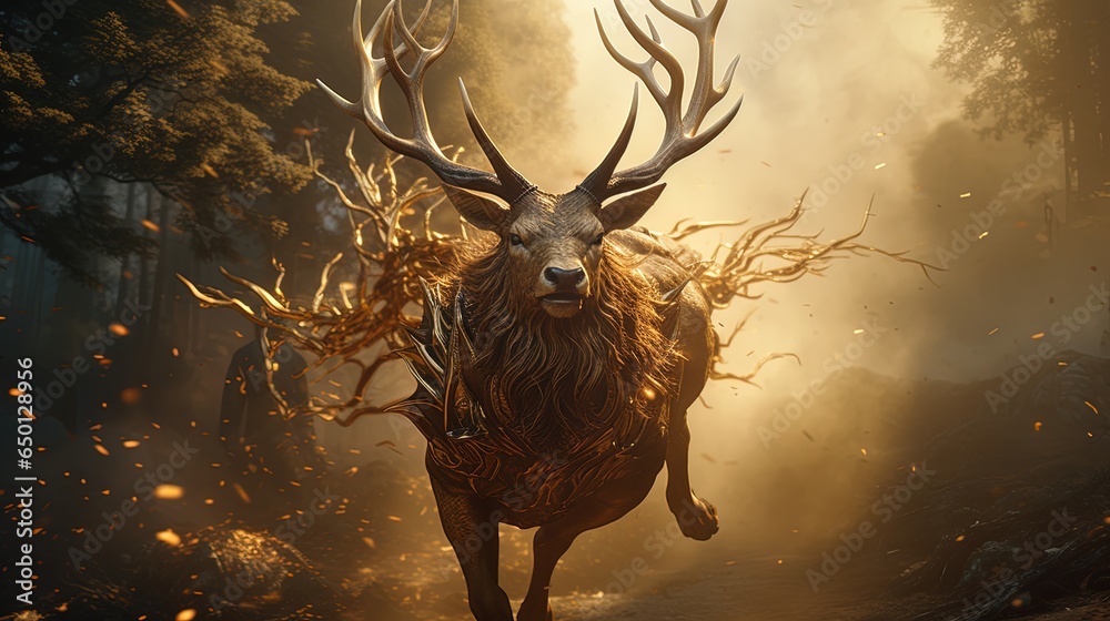 Image of an angry demon stag deer face terrifying and flames on dark ...