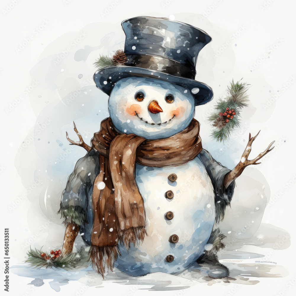 watercolor Snowman clipart, Generative Ai Stock Illustration | Adobe Stock