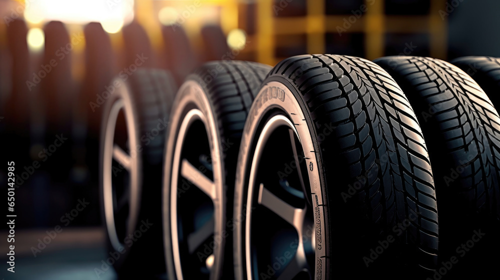 Car Tires. Tires in a tire store, Spare tire car. Generative Ai Stock Photo | Adobe Stock