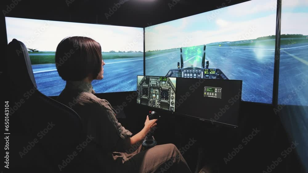 Young female person holding joystick and landing virtual airplane on ...