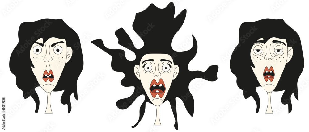 Set cartoon female portrait with crazy emotion on face. Woman emoticon ...