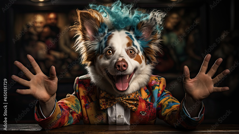 Funny dog man with blue hair in a colorful jacket. Mixed comic circus ...