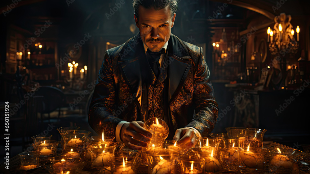 Portrait of a magician man with candles in his hands. Stock Photo ...