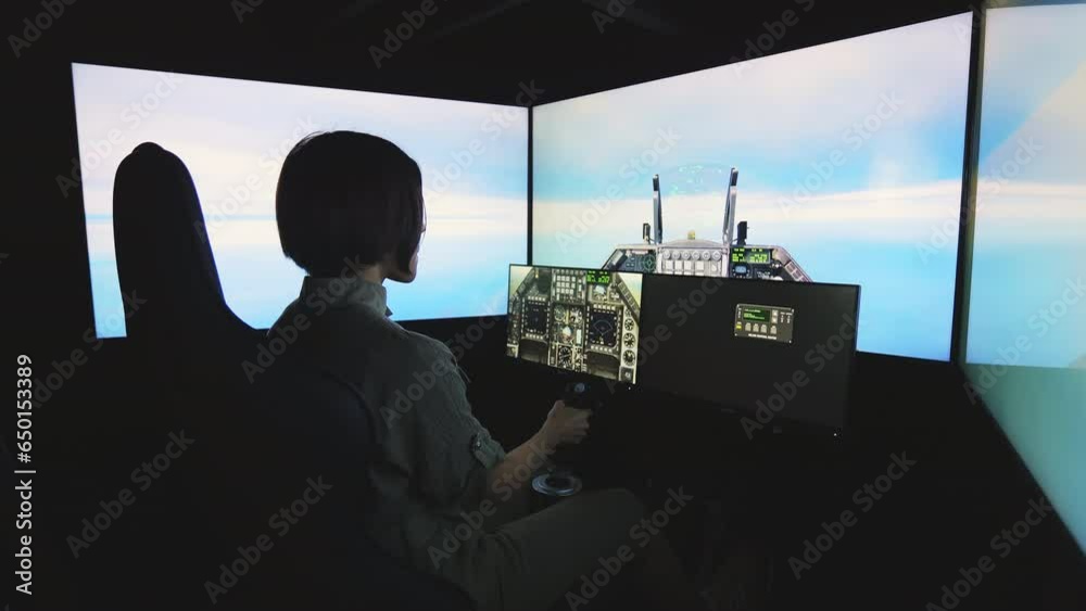 Rear view of female pilot practicing airplane control in flight ...
