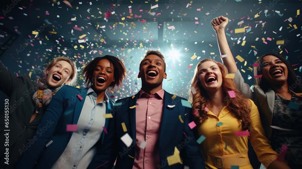 Happy diverse business team celebrating success and having fun all together with confetti ...